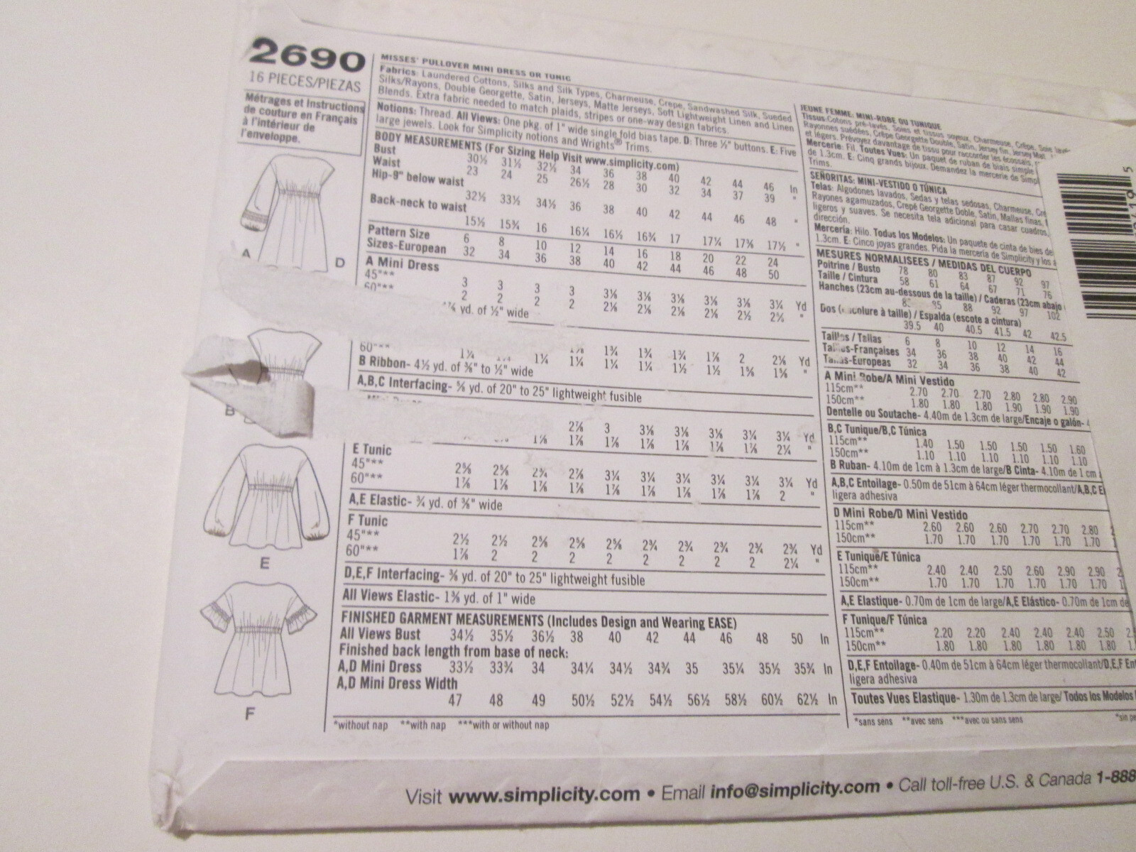 Pullover Mini Dress and Tunic Misses Size 16-24 Simplicity 2690 Sewing ...