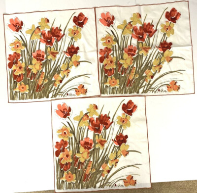 Set of 3 Vtg Vera Neumann Linen Napkins with Daffodils/ Poppies - 17" x ...