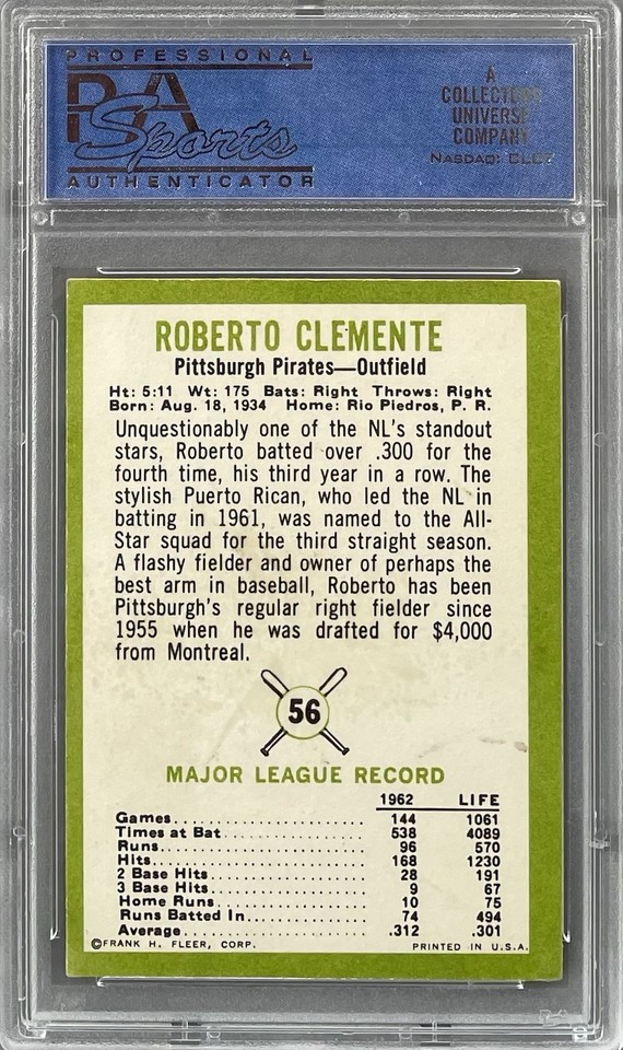 Roberto Clemente 1963 Fleer #56 PSA EX-NM 6 ELITE EYE APPEAL & COLOR ...