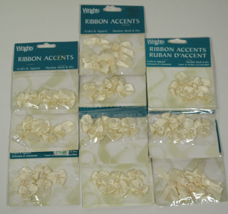 NOS VTG 10 Pkg Wrights Ribbon Accents~Roses & Bows~Sewing~Crafts~Ivory ...