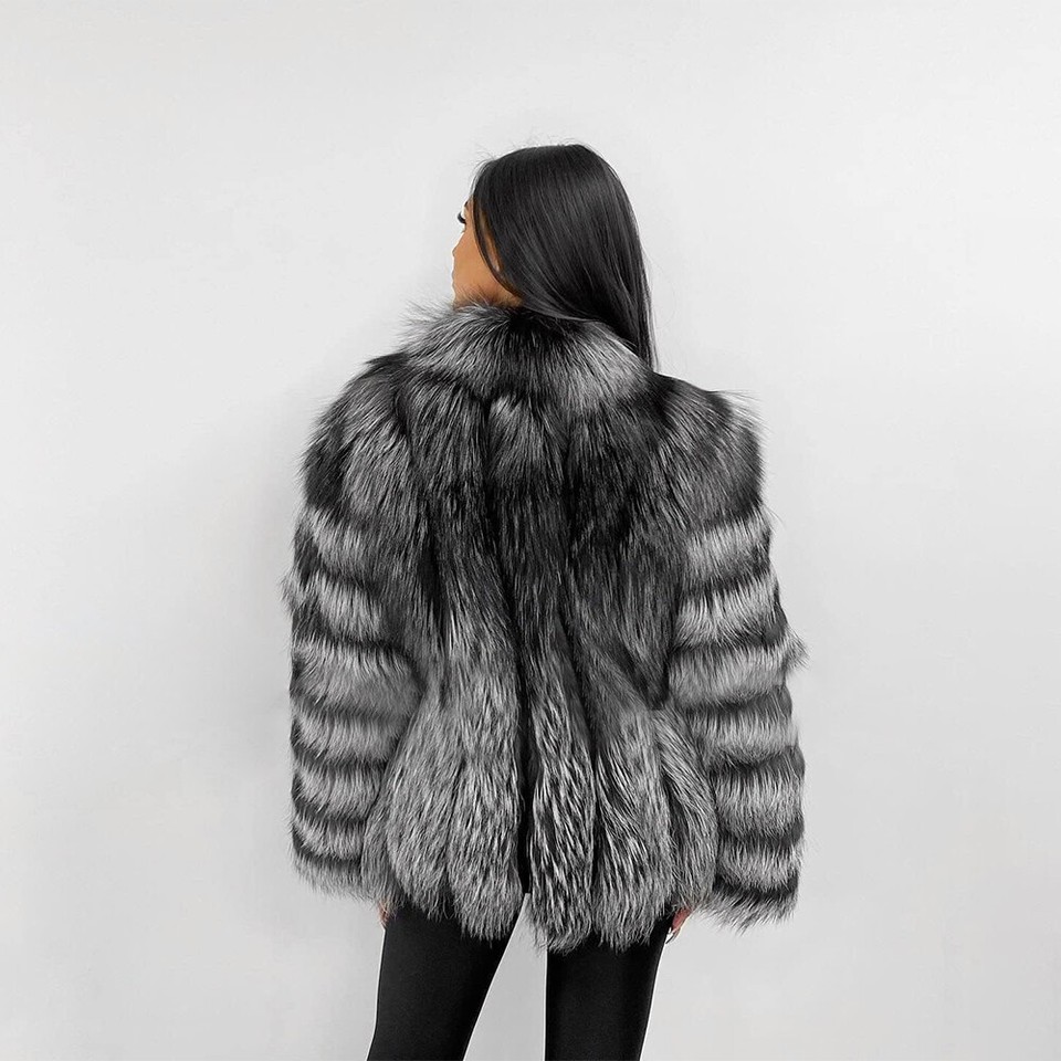 Women Real Silver Fox Fur Coat Natural Fluffy Stand Collar Jacket Thick ...