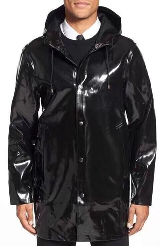 Men's Vinyl Shiny Jacket Raincoat Trench Gothic Patent Waterproof Black ...