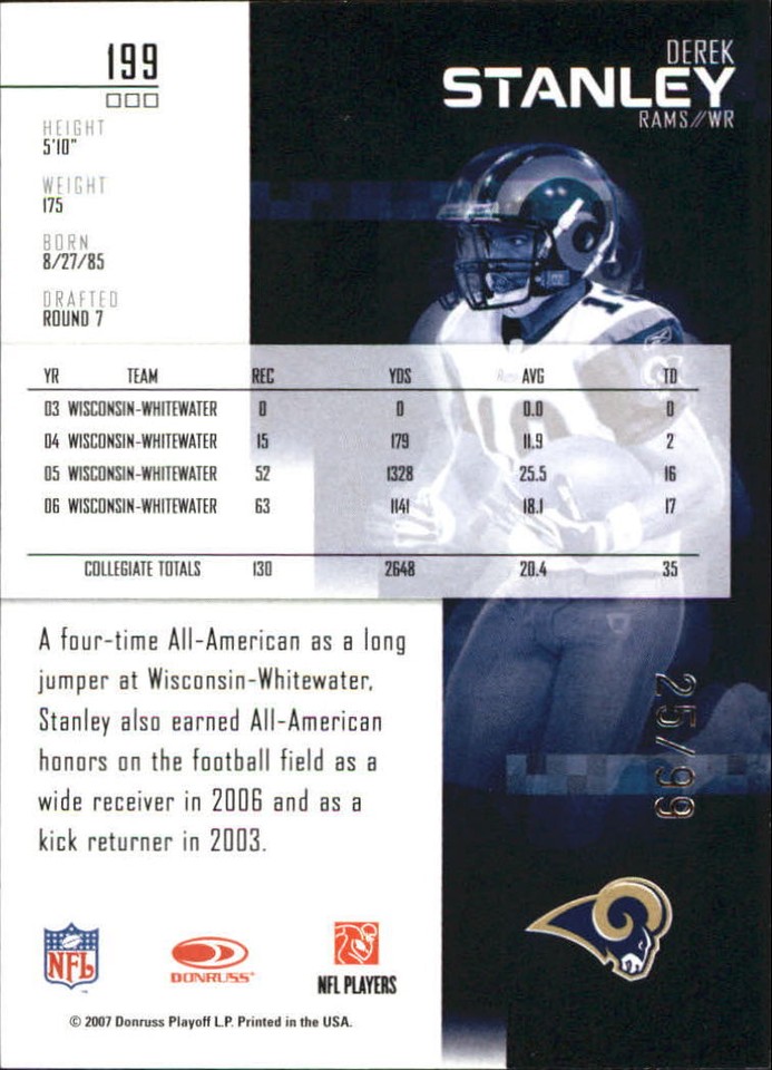 2007 Rookies & Stars LongevitySapphire Rams Football Card #199 Derek ...