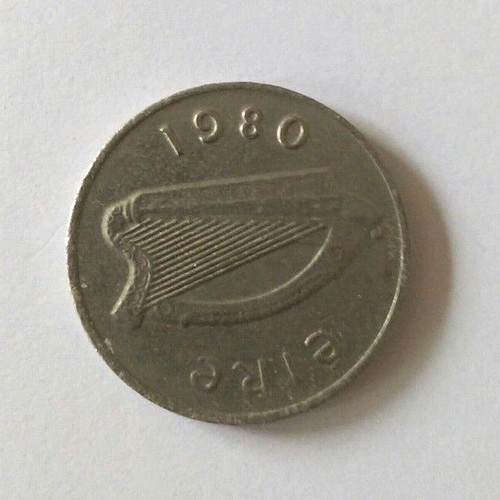 1980 IRISH 10p coin HARP SALMON Eire Ireland ten pingin pence piece ...