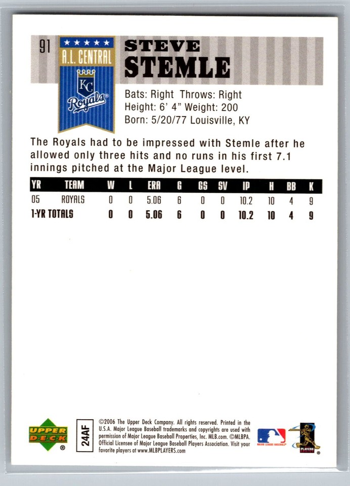 2006 Upper Deck First Pitch Baseball #91 Steve Stemle RC Kansas City ...