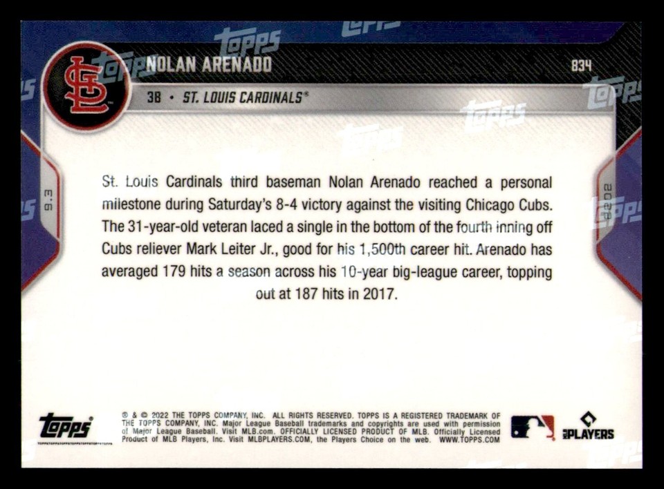 2022 Topps Now Blue Parallel #834 Nolan Arenado Cardinals 7/49 | eBay