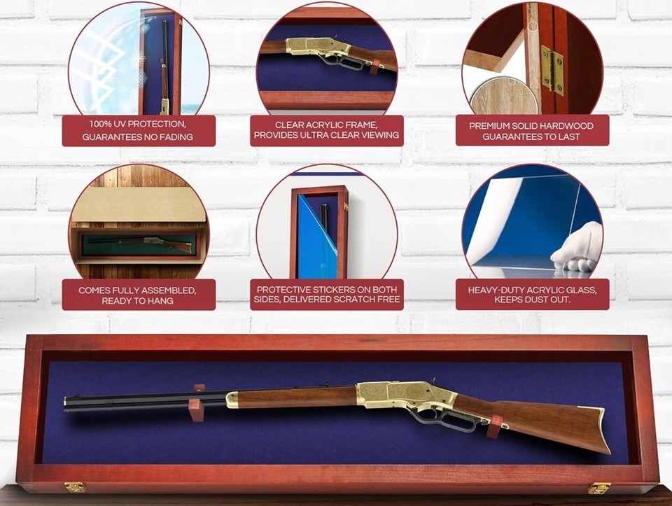 Gun Display Case 45" Rifle Cherry Blue Wood Shotgun Lock USA Shadow Box ...