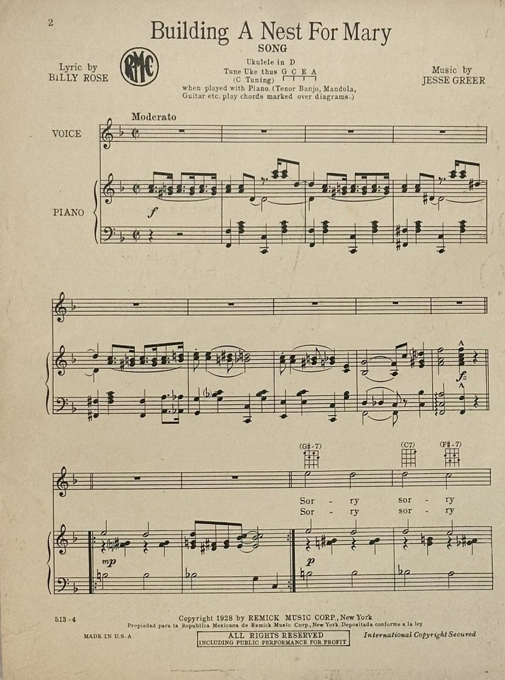 Building a Nest for Mary 1928 Sheet Music by Billy Rose & Jesse Greer ...