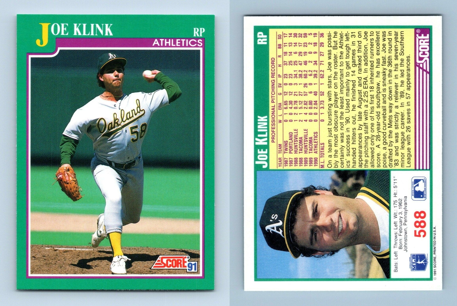 Joe Klink - Athletics #588 Score 1991 Baseball Trading Card | eBay