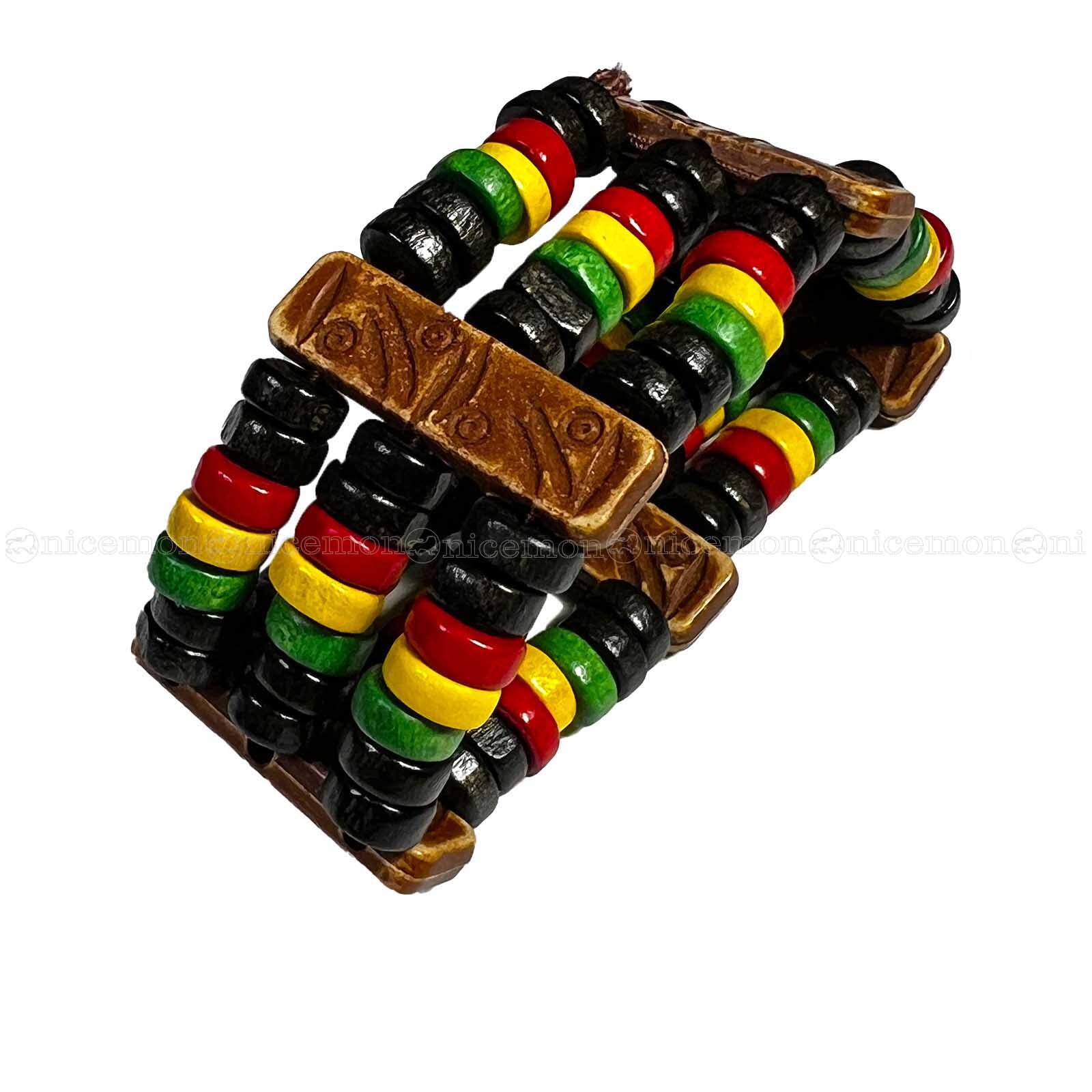 Rasta Afro Color Wood Bead Band Bracelet Wrist Bracelets Cuff Stretch ...