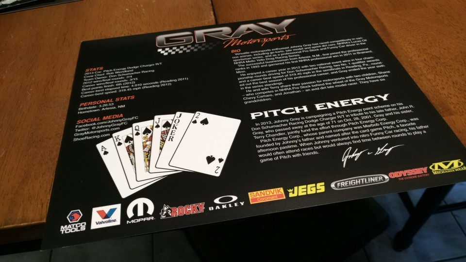 NHRA JOHNNY GRAY PITCH ENERGY DODGE CHARGER DRAG RACING HANDOUT | eBay