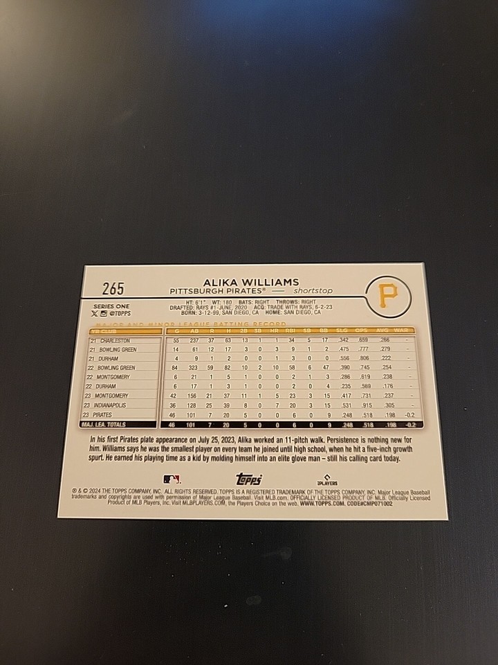 2024 Topps 265 Alika Williams Rookie RC Pirates Baseball Card | eBay