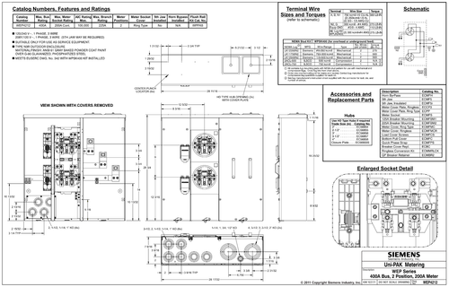 Siemens WEP4212 Meter Socket EUSERC 2-Gang 400A 225A RING-TYPE UNI-PAK ...