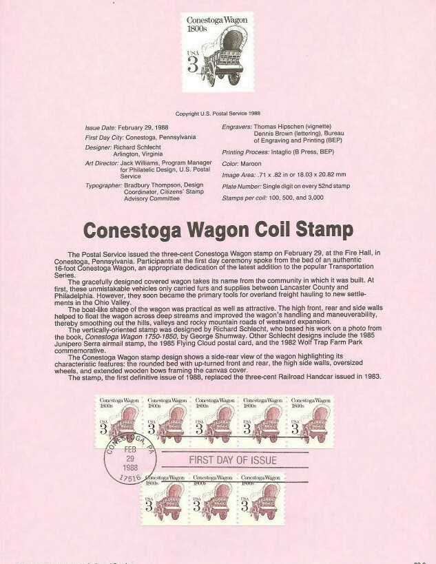 CONESTOGA WAGON TRANSPORTATION COIL #2252 1988 USPS FIRST DAY Souvenir ...