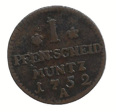GERMAN STATES PRUSSIA~1 PFENNIG -SCHEIDE MUNTZ 1752-A~COPPER COIN ...