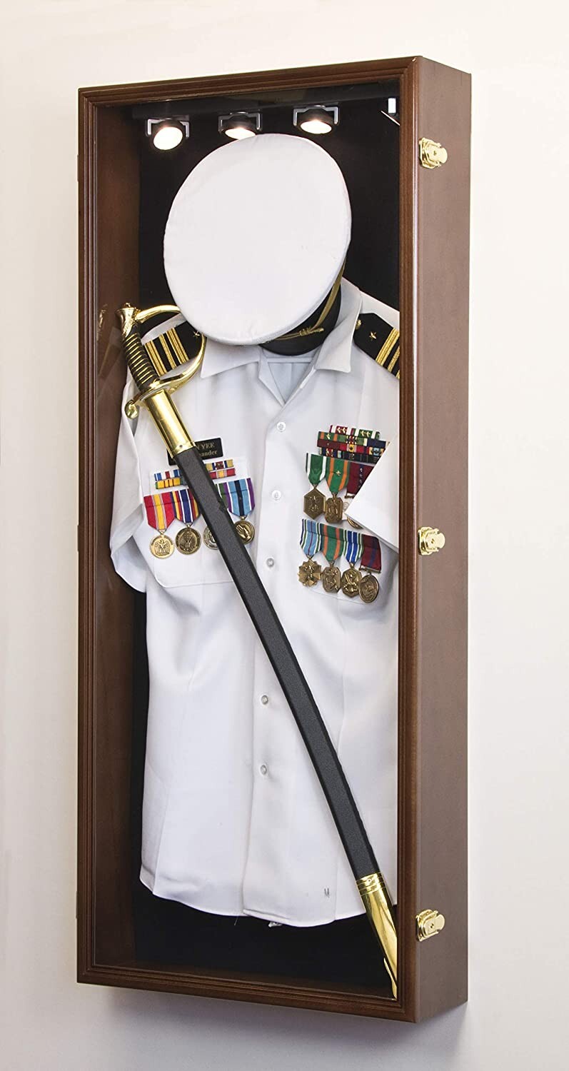 Military Uniform Display Case Cabinet LED Light Walnut Army Shadow Box ...