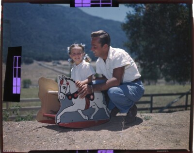 Alan Ladd with daughter on ranch 1940's vivid color Original 5x4 ...