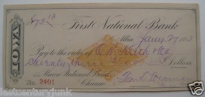 Bank Check First National Bank Of Iowa 1883 | eBay