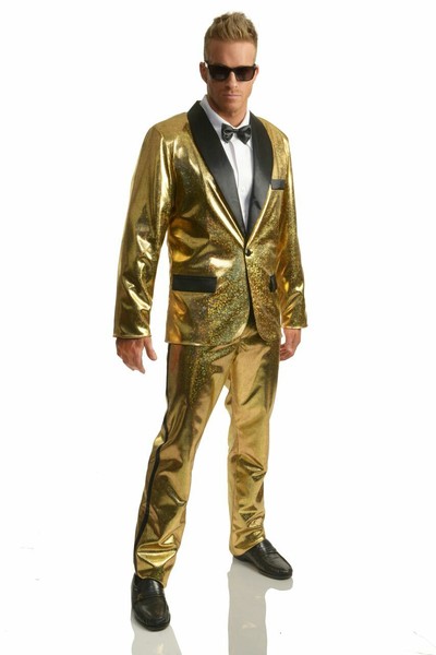 Men's Shiny Gold Rich Man Tux Tuxedo Holographic Jacket Costume Medium ...