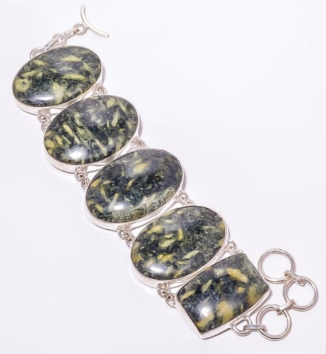 Natural Pinolith Jasper Gemstone 925 Sterling Silver Link Bracelet 7-7. ...
