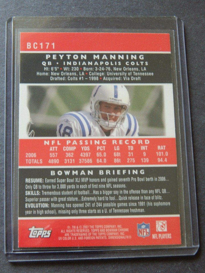 2007 Bowman Chrome Indianapolis Colts #BC171 Peyton Manning NICE CARD ...