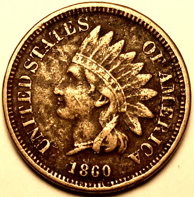 1860 Indian Head Cent, Copper FULL LIBERTY, 3 Diamonds. POINTED BUST L ...