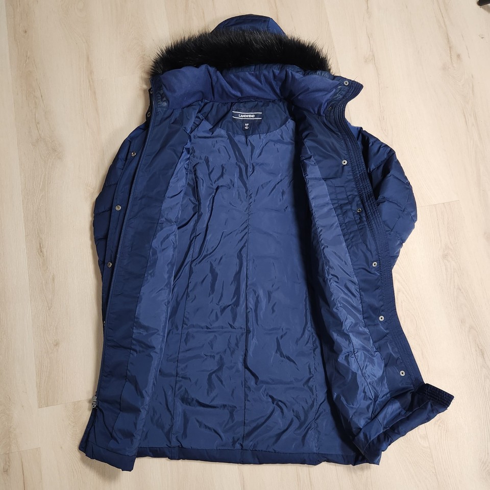 Lands End Max 600 Down Long Maxi Coat Womens Small Blue Faux Fur Hood ...