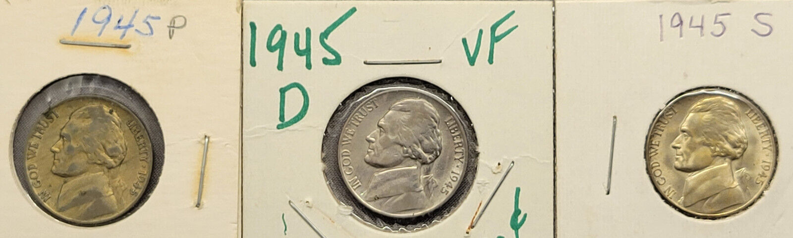 1945 Jefferson Nickels Set of 3 Nice 44P-VF 44D-AU 44S-AU Graded Fairly ...
