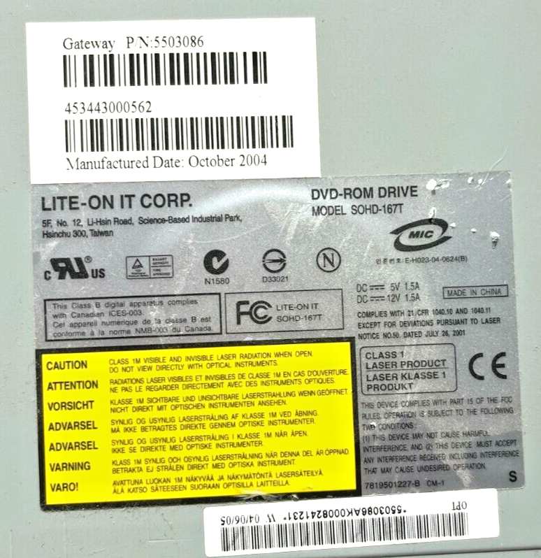 SOHD-167T LITEON HEWLETT PACKARD HP CD/DVD ROM DRIVE WITH BLACK BEZEL ...