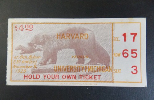 1929 MICHIGAN WOLVERINES vs HARVARD UNIVERSITY COLLEGE FOOTBALL TICKET ...