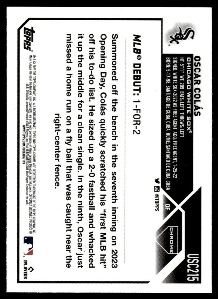 2023 Topps Chrome Update Oscar Colas RC Chicago White Sox #USC215 | eBay