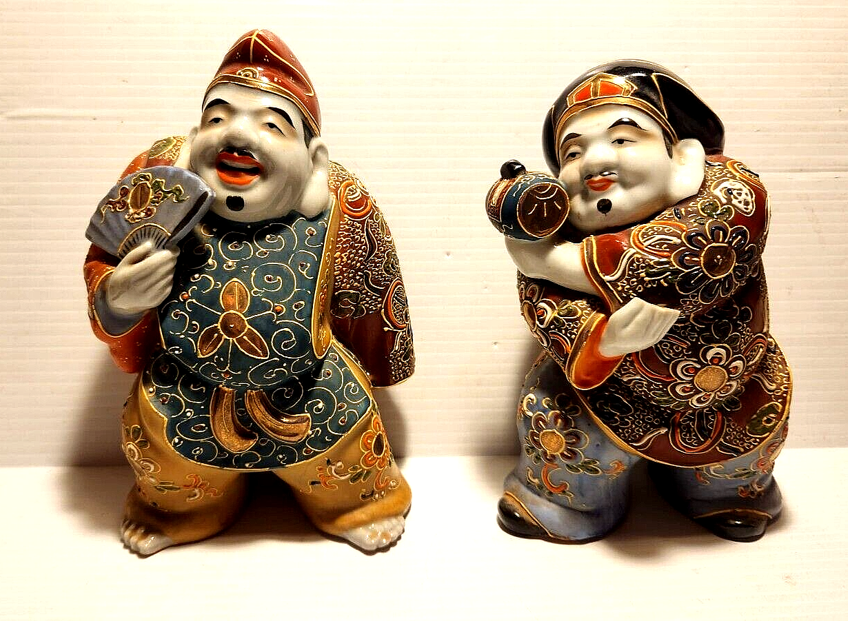 2 Japanese Kutani-Ware Flower Pattern Fish Shinto Ebisu Statue Moriage ...