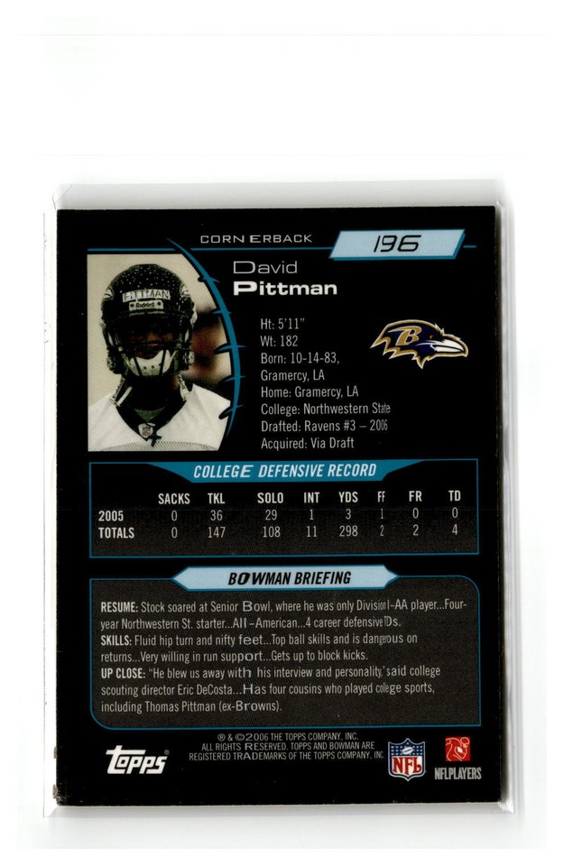 2006-Bowman Gold-#196-David Pittman RC-Baltimore Ravens | eBay