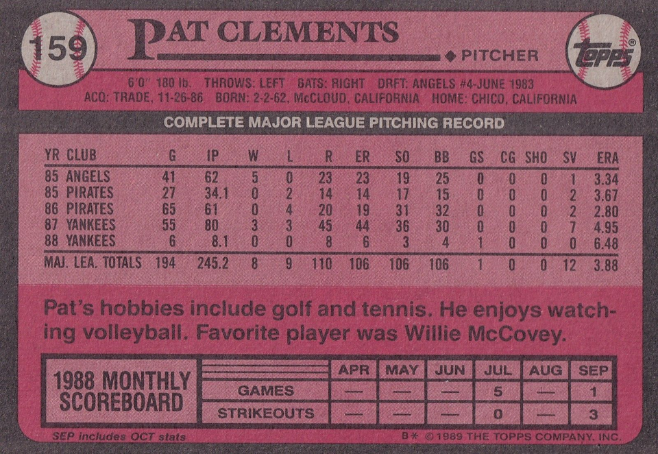 1989 Topps #159 Pat Clemens MLB New York Yankees + (Yes 3 Free Mystery ...