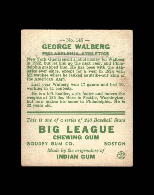 1933 Goudey Set-Break #145 Rube Walberg LOW GRADE (filler) *GMCARDS* | eBay