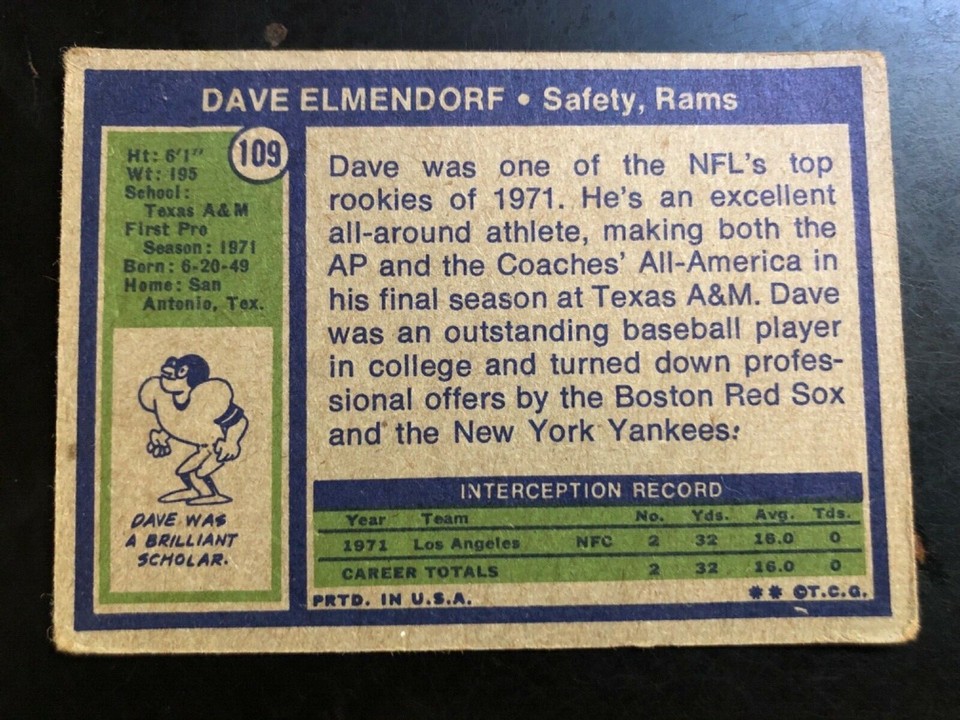 1972 Topps Rams Dave Elmendorf Football Card #109 | eBay