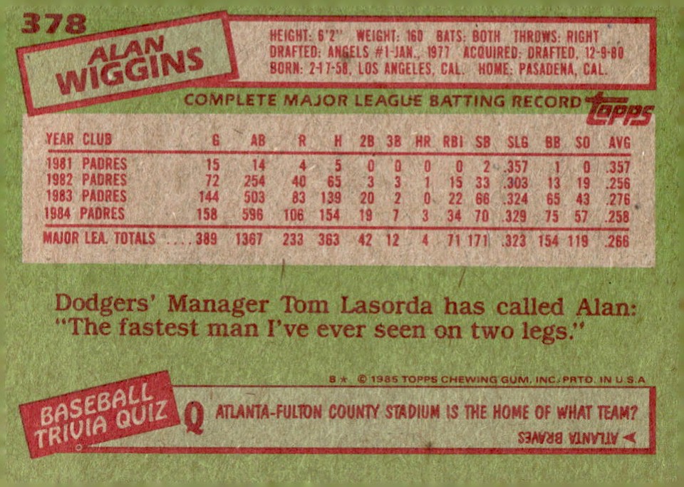 1985 Topps #378 Alan Wiggins - San Diego Padres | eBay