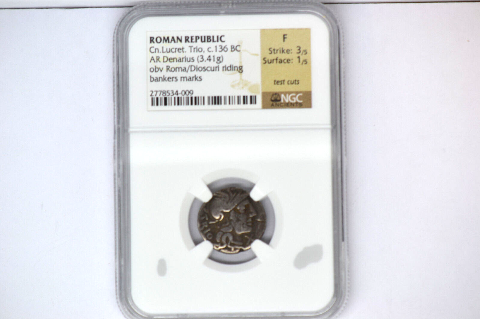 Roman Republic: Cn. Lucret. Trio, 136 BC AR Denarius- NGC F, 3/5, 1/5 ...