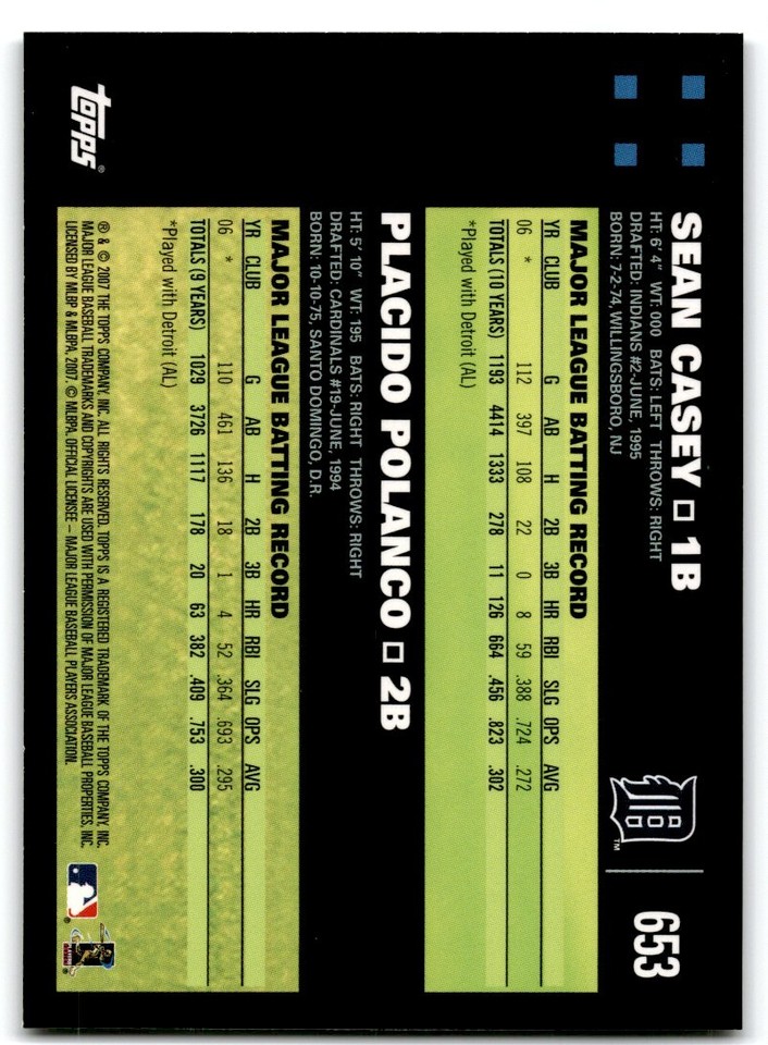 2007 Topps Sean Casey/Placido Polanco Detroit Tigers #653 | eBay