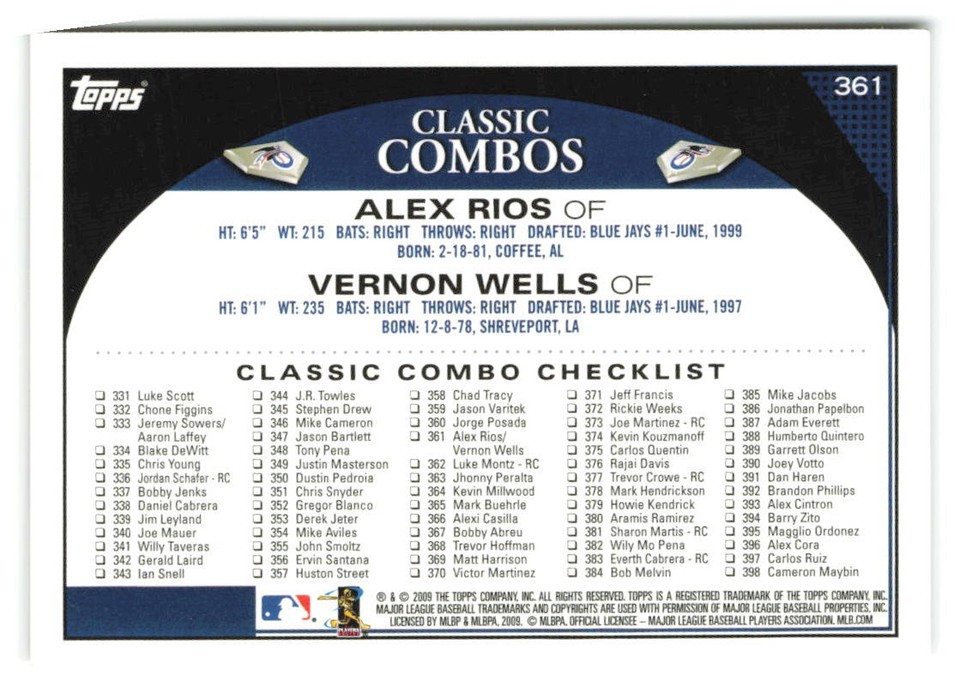 2009 Topps Power Jays Alex Rios / Vernon Wells #361 Toronto Blue Jays ...