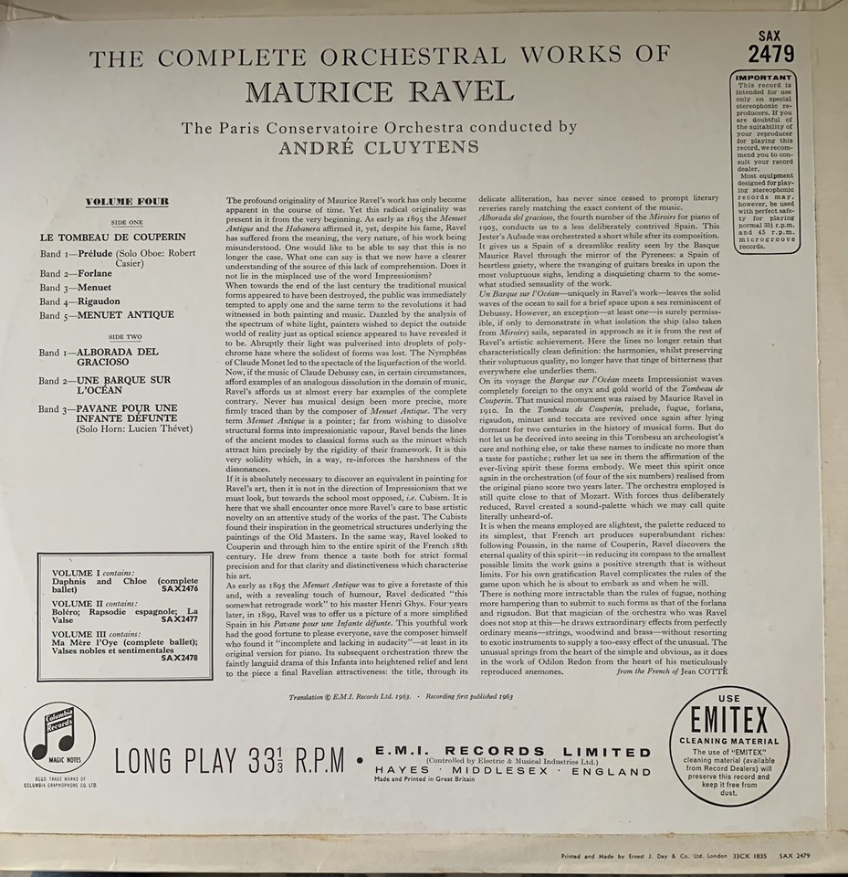 SAX 2476-9 Ravel Complete Orchestral Works Andre Cluytens B/S Ed.1 Mint ...