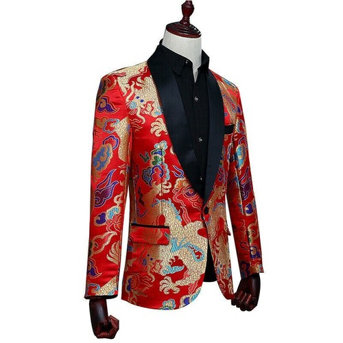 Mens Chinese Retro Red Dragon Pattern Suit Blazer Wedding Jacket Stage ...