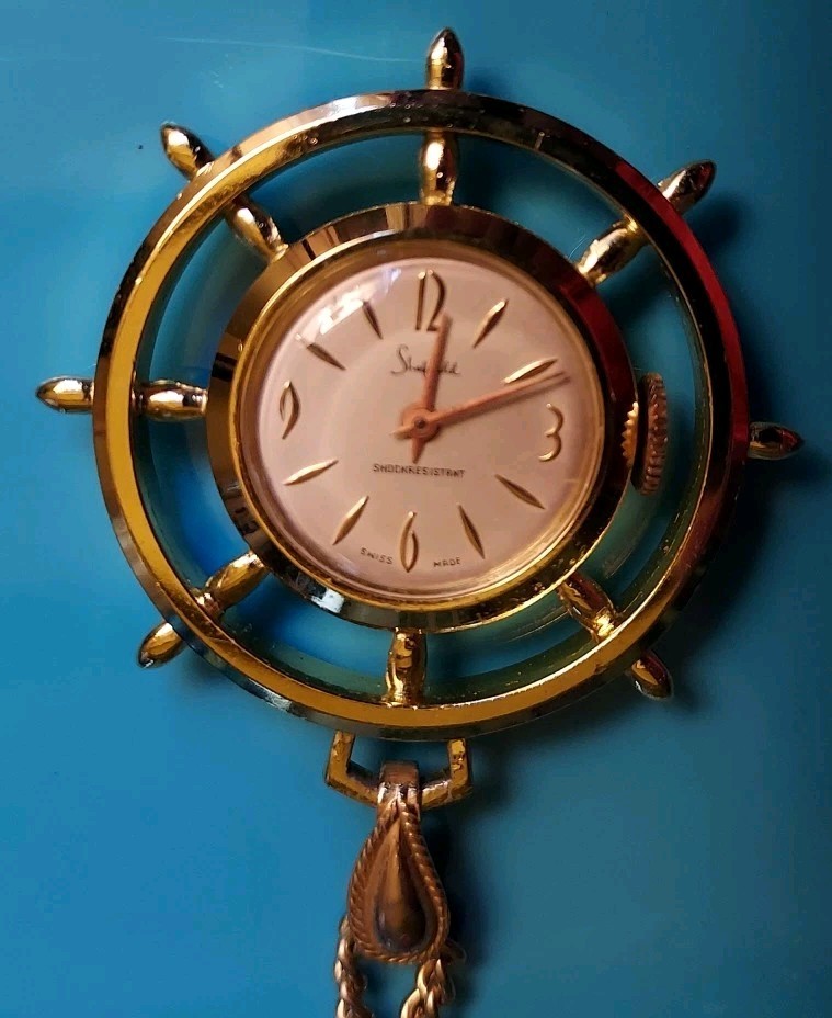 SHEFFIELD VINTAGE WATCH NECKLACE Gold Tone Chain SHIPS WHEEL SWISS ...