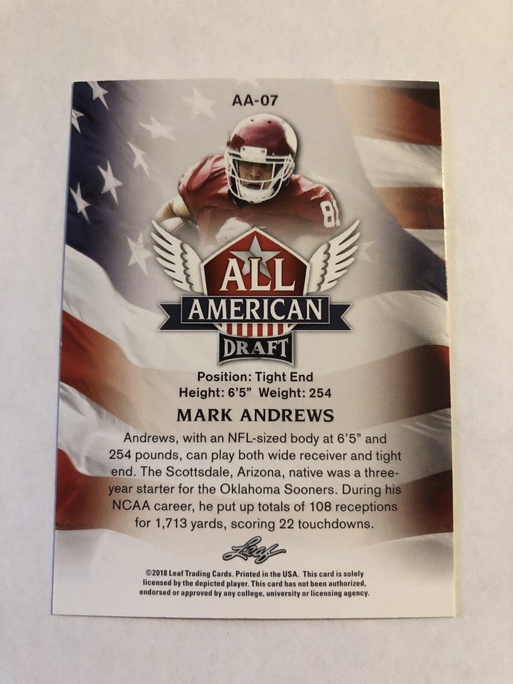 Mark Andrews 2018 Leaf Draft All American Gold #AA-07 OU Baltimore ...