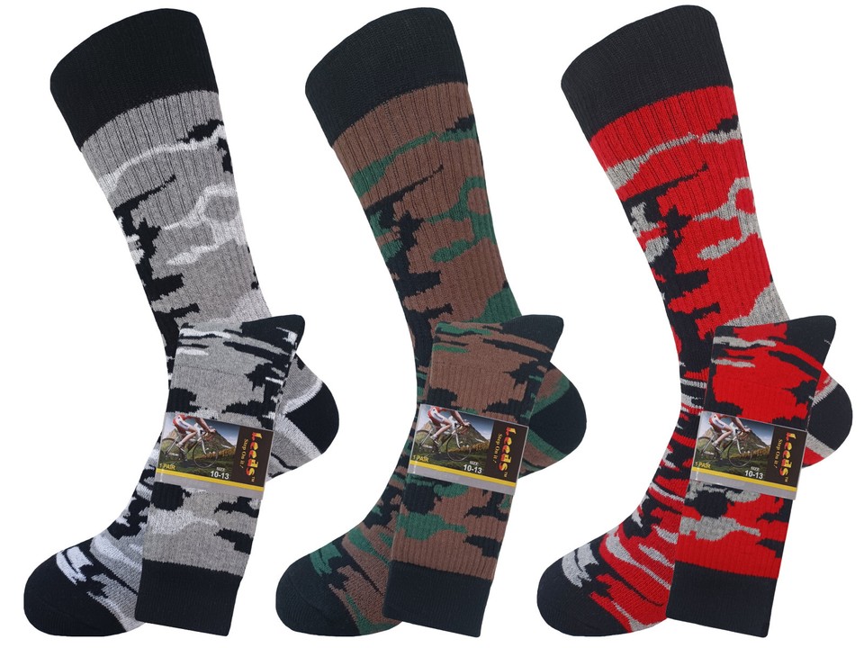 3 PAIR COTTON CAMO CREW ARMY HIKING SOCKS SIZE 10-13 TRUE TO SIZE FULL ...