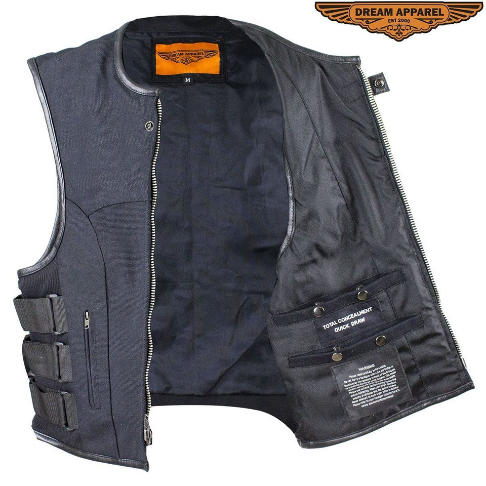 Men's Black Plain Canvas SOA Vest Motorcycle Concealed Elastic Straps ...