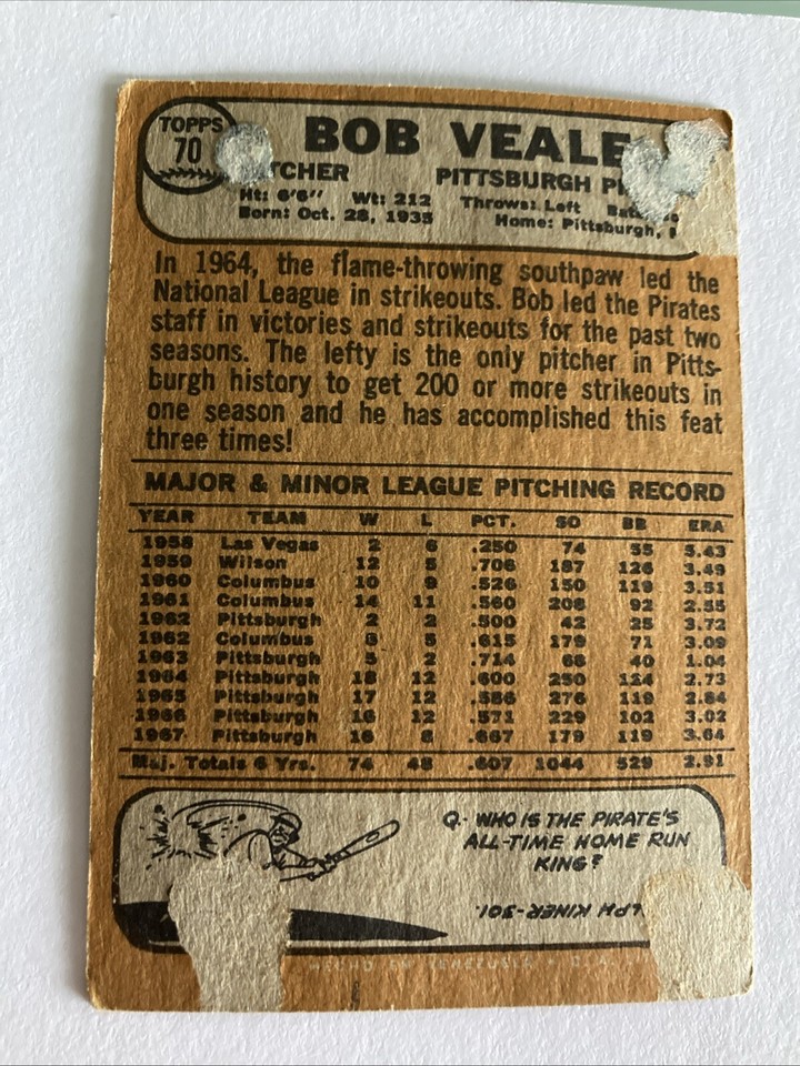 1968 Topps Venezuela Bob Veale Venezuelan #70 Baseball Card | eBay