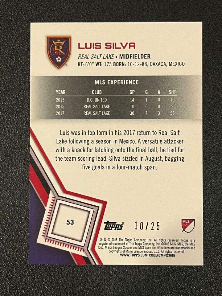 Luis Silva 2018 Topps MLS Orange Parallel /25 Real Salt Lake 53 | eBay