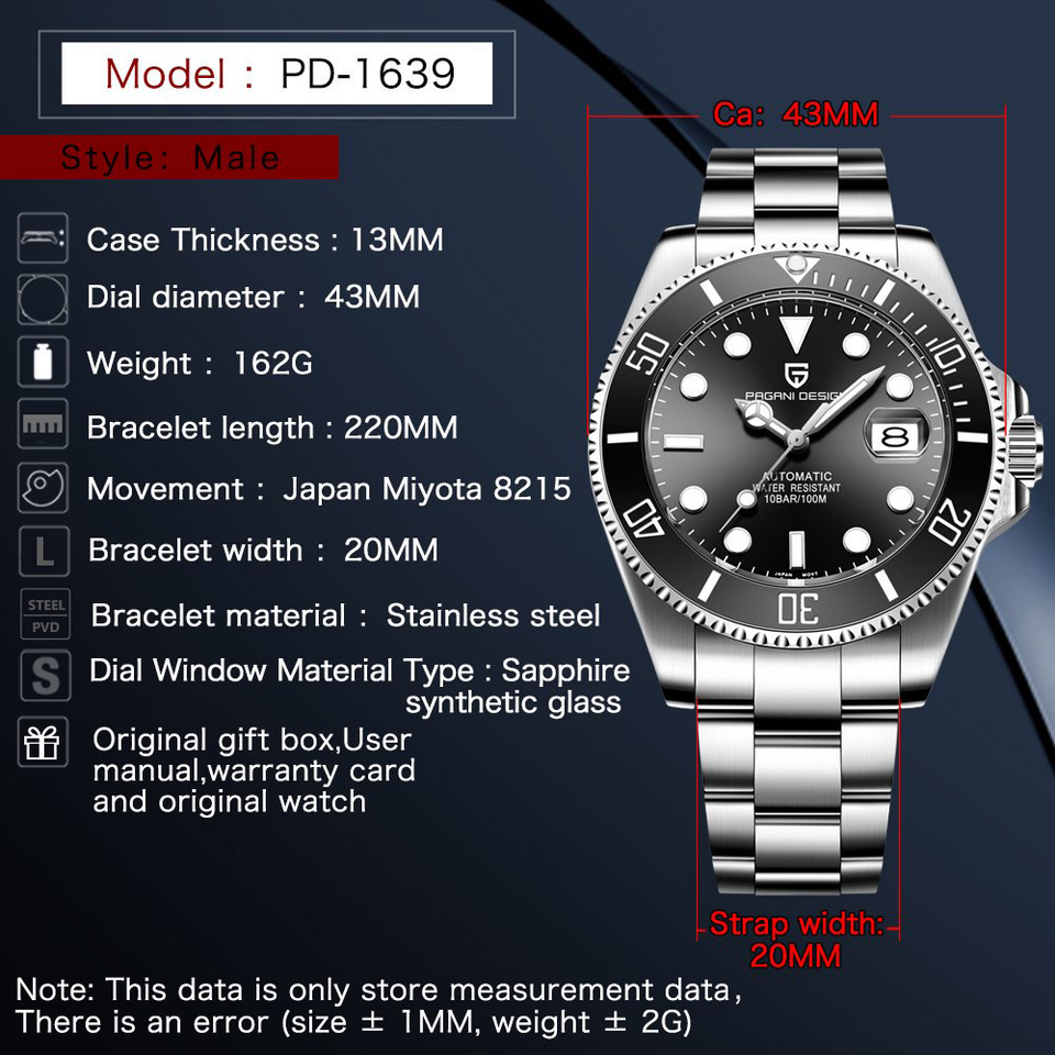 Pagani Design Black Luxury Automatic Watch 8215 Diver Submariner 100M ...