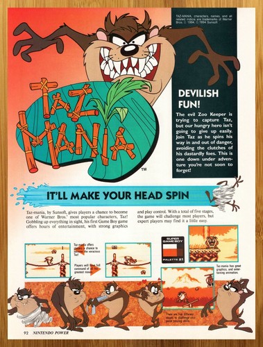 1994 Taz Mania SNES Print Ad/Poster Original Authentic Video Game Art ...